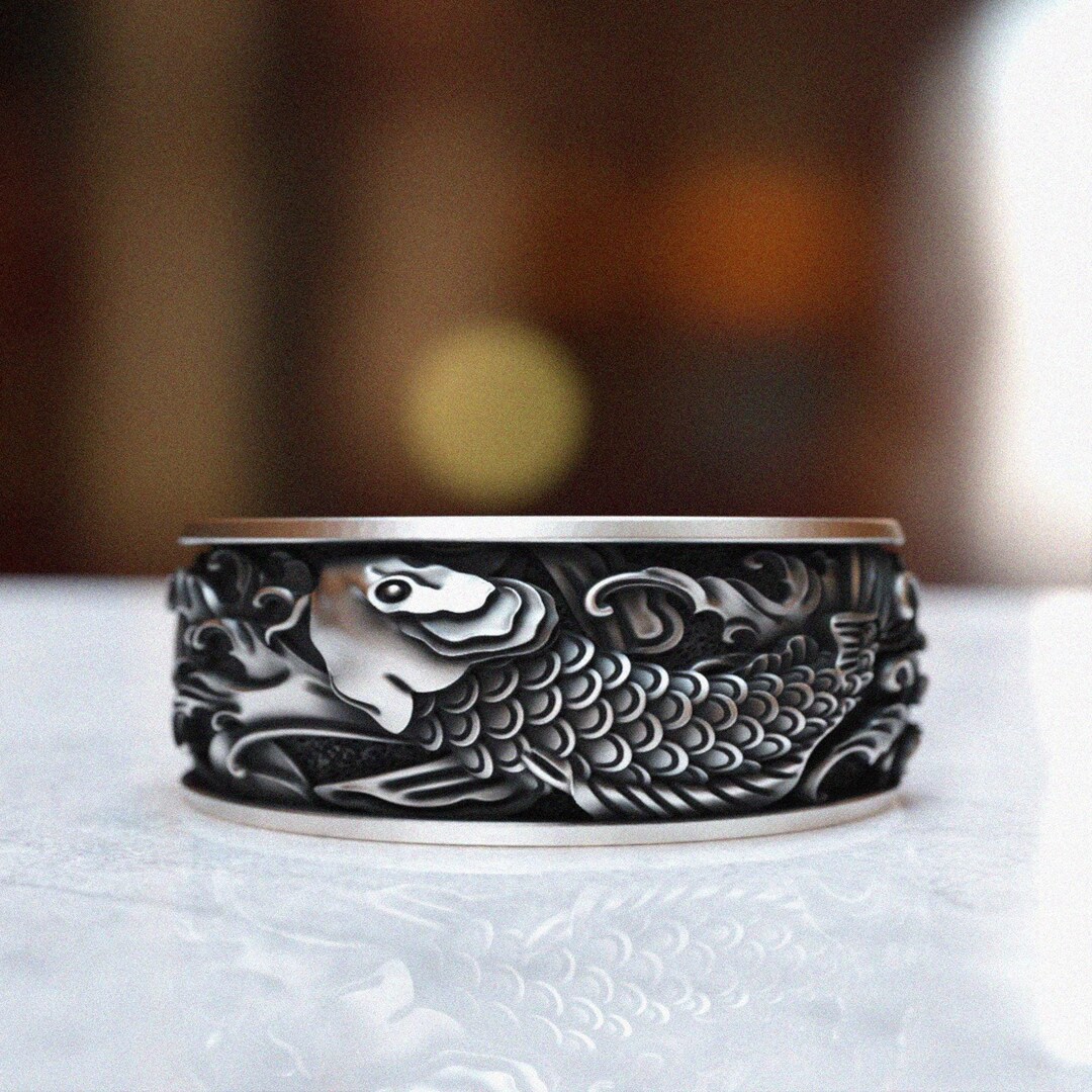 Carp and Waves With Two Koi Fish Silver Men Band, Silver Ornament Ring ...