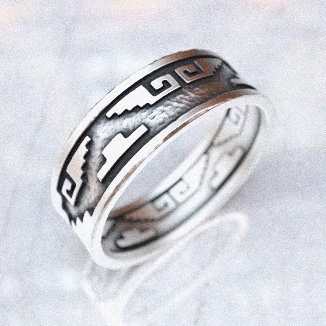 Aztec Pattern Ring 925 Silver Mayan Men Wedding Band Geometric ...