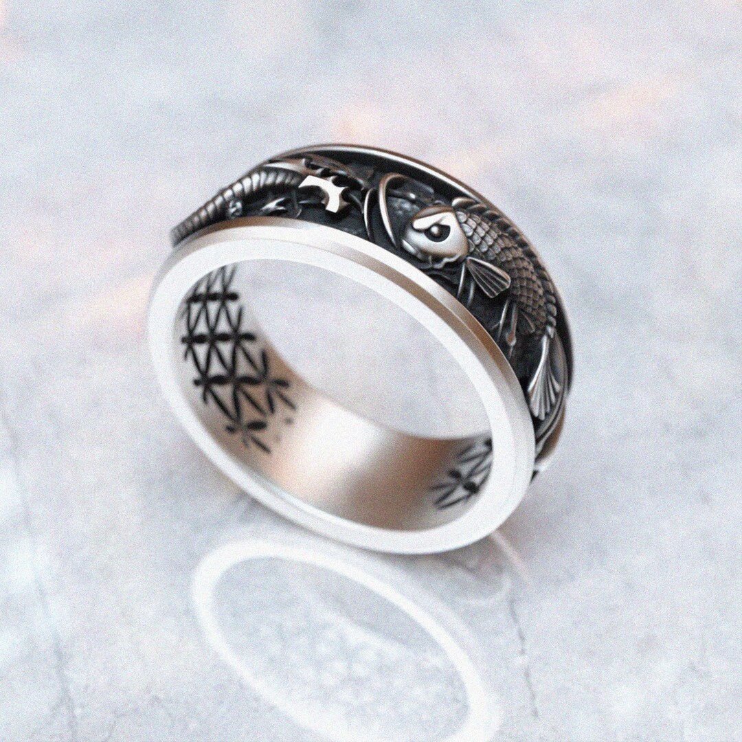 Dragon Vs Koi Carp Ring - Japanese Duel Symbol Silver Band - Strength ...