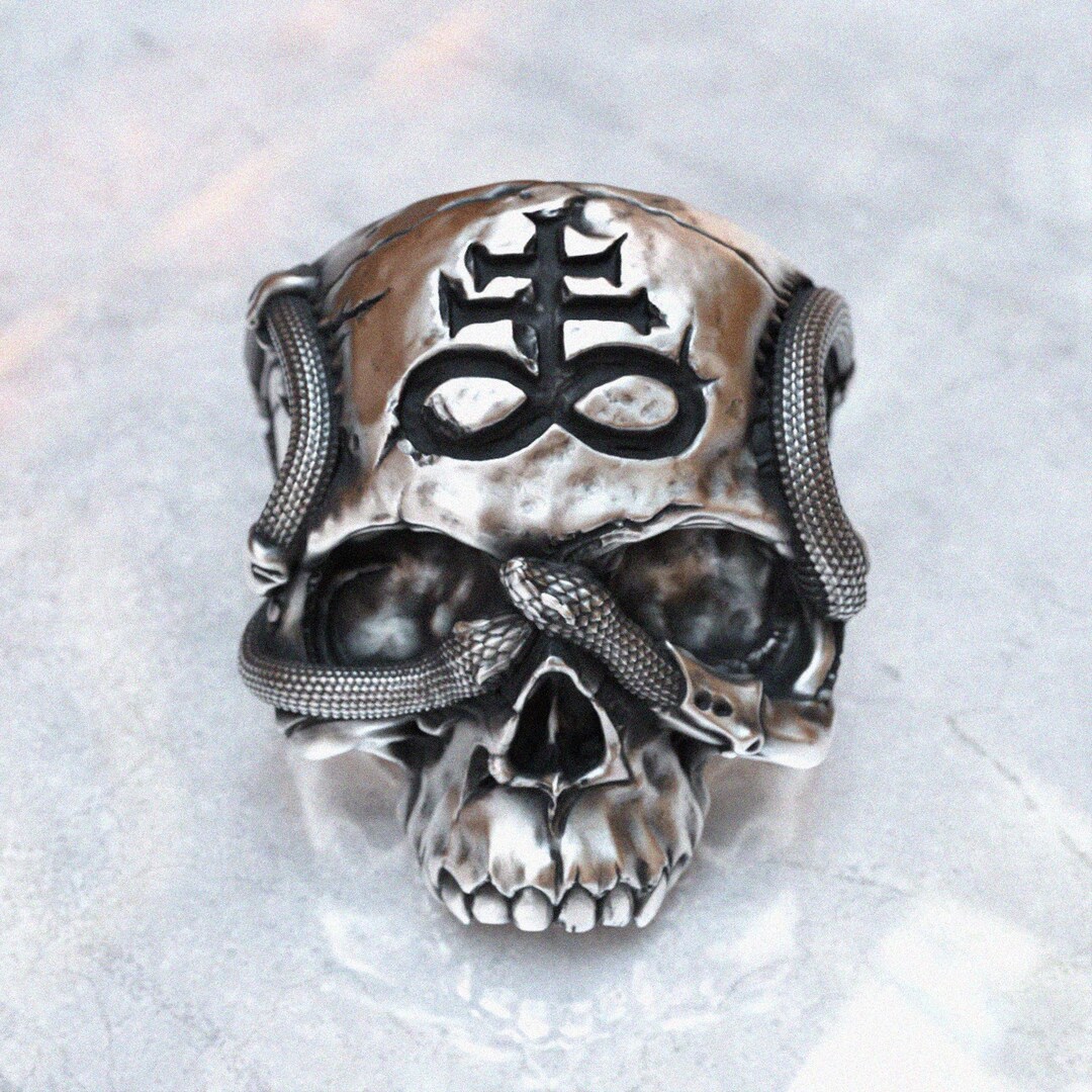 Leviathan Skull Ring - 925 Sterling Silver Biomechanical Snake Skull, Brutalist Handmade Jewelry ...