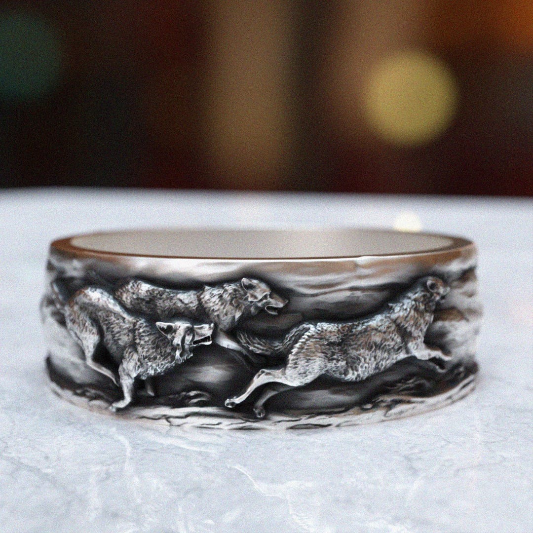 Running Wolves Wedding Band - 925 Silver Wolf Ring for Men ...