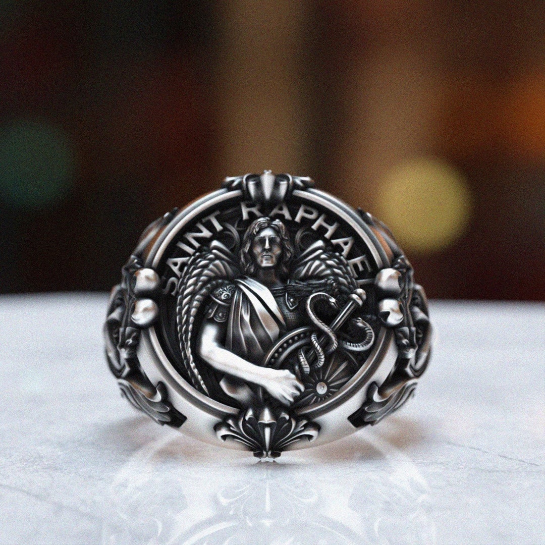 Saint Raphael Archangel Ring, Caduceus Shield Spear Christian Jewelry ...