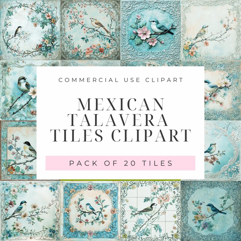 Watercolor Bird Mexican Talavera Tiles Clipart, Lacework DIY Tile Décor ...