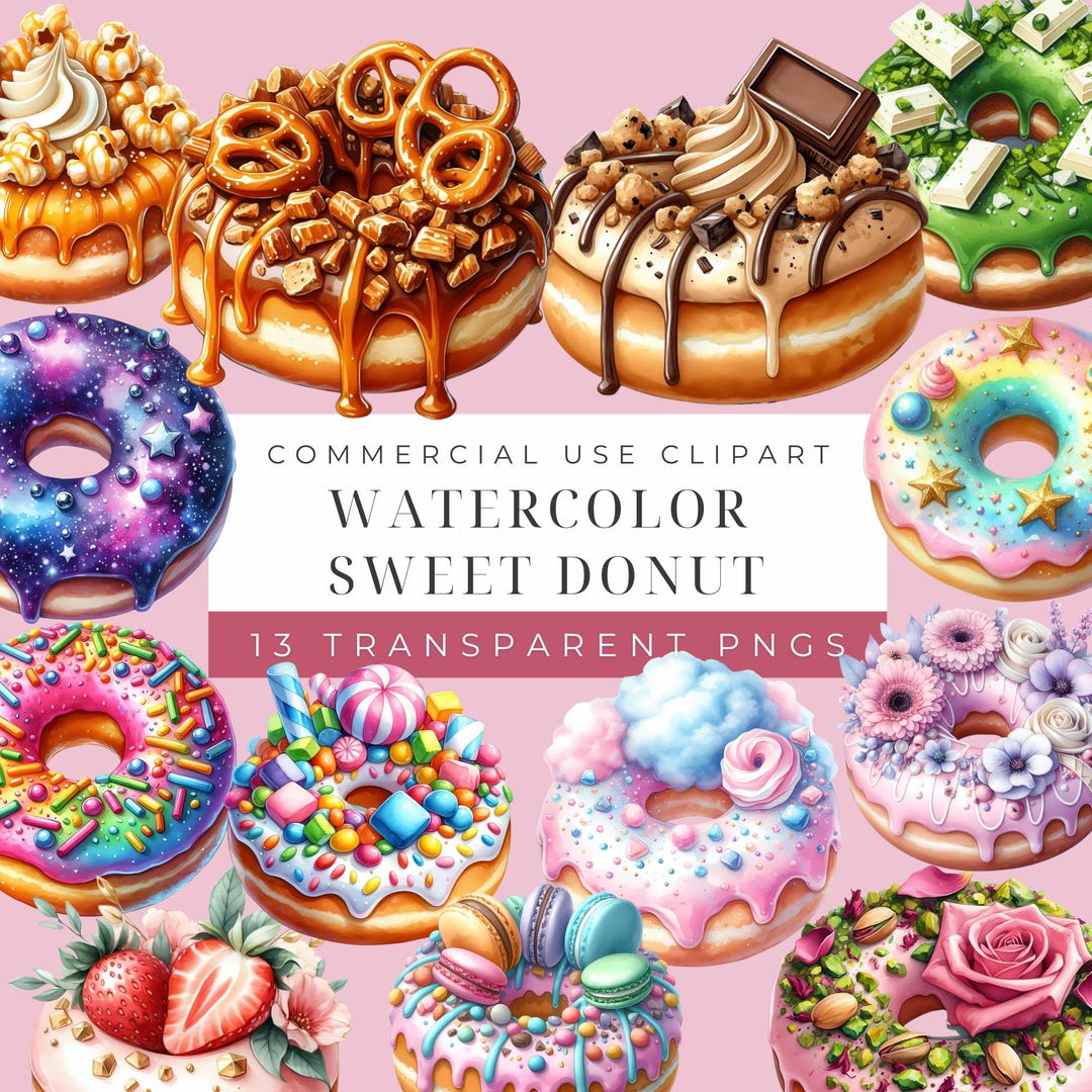 Watercolor Donut Clipart, Donut Birthday Clipart, Sweets Clipart Sets ...