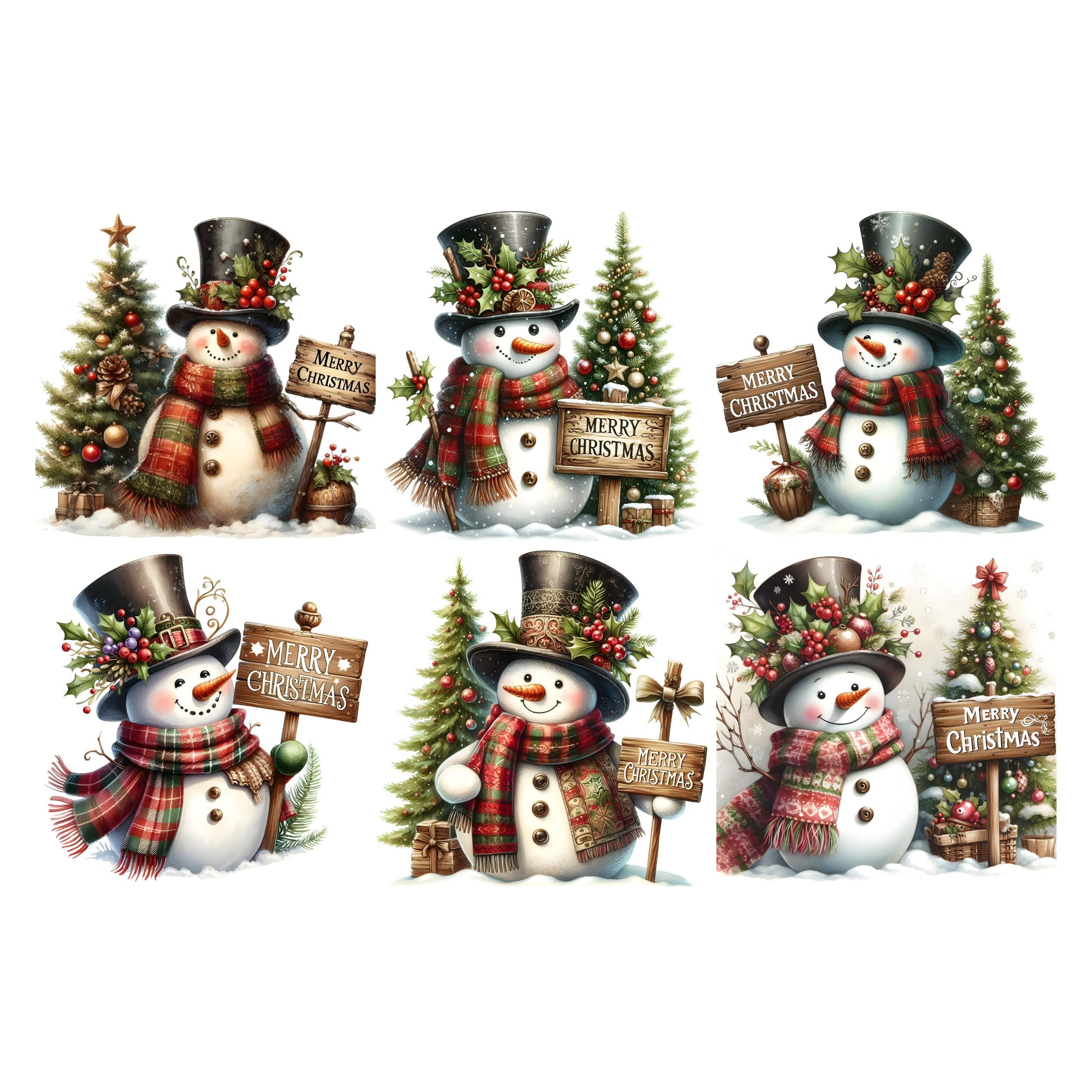 15 Vintage Merry Christmas Snowman Clipart Bundle | Retro Holiday ...