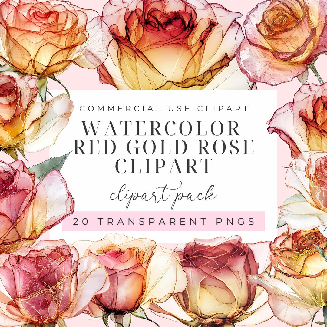 Watercolor Floral Clipart, Red Gold Rose Flowers Print, Printable ...