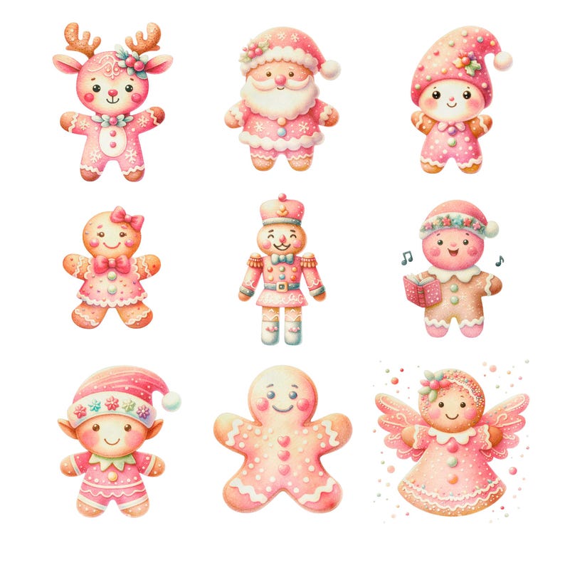 15 Pink Christmas Gingerbread Clipart Set Holiday Cookie Characters - Etsy