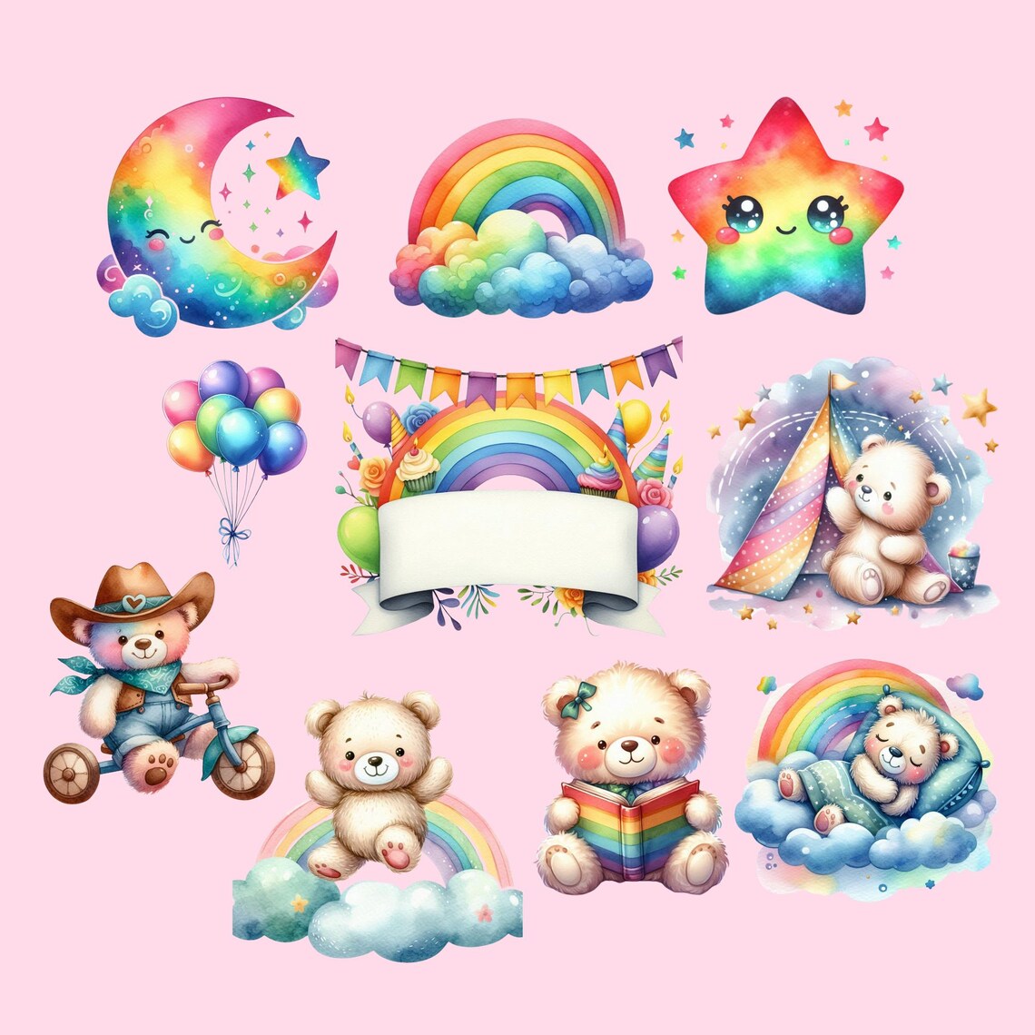 Watercolor Rainbow Teddy Bear Clipart: Boho Nursery Art (commercial Use ...