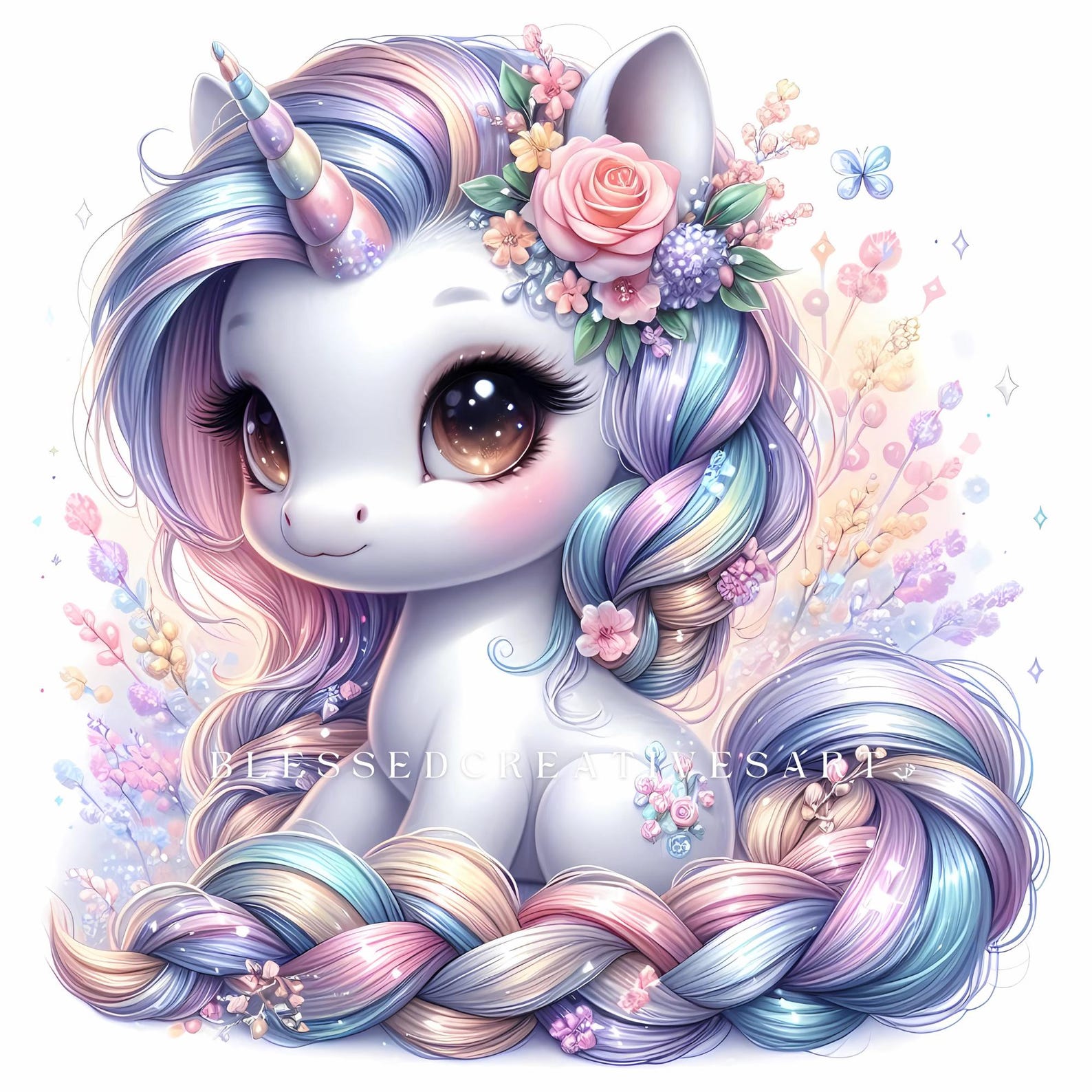 Unicorn Clipart Watercolor Rainbow Floral Cute Unicorn PNG Flowers ...