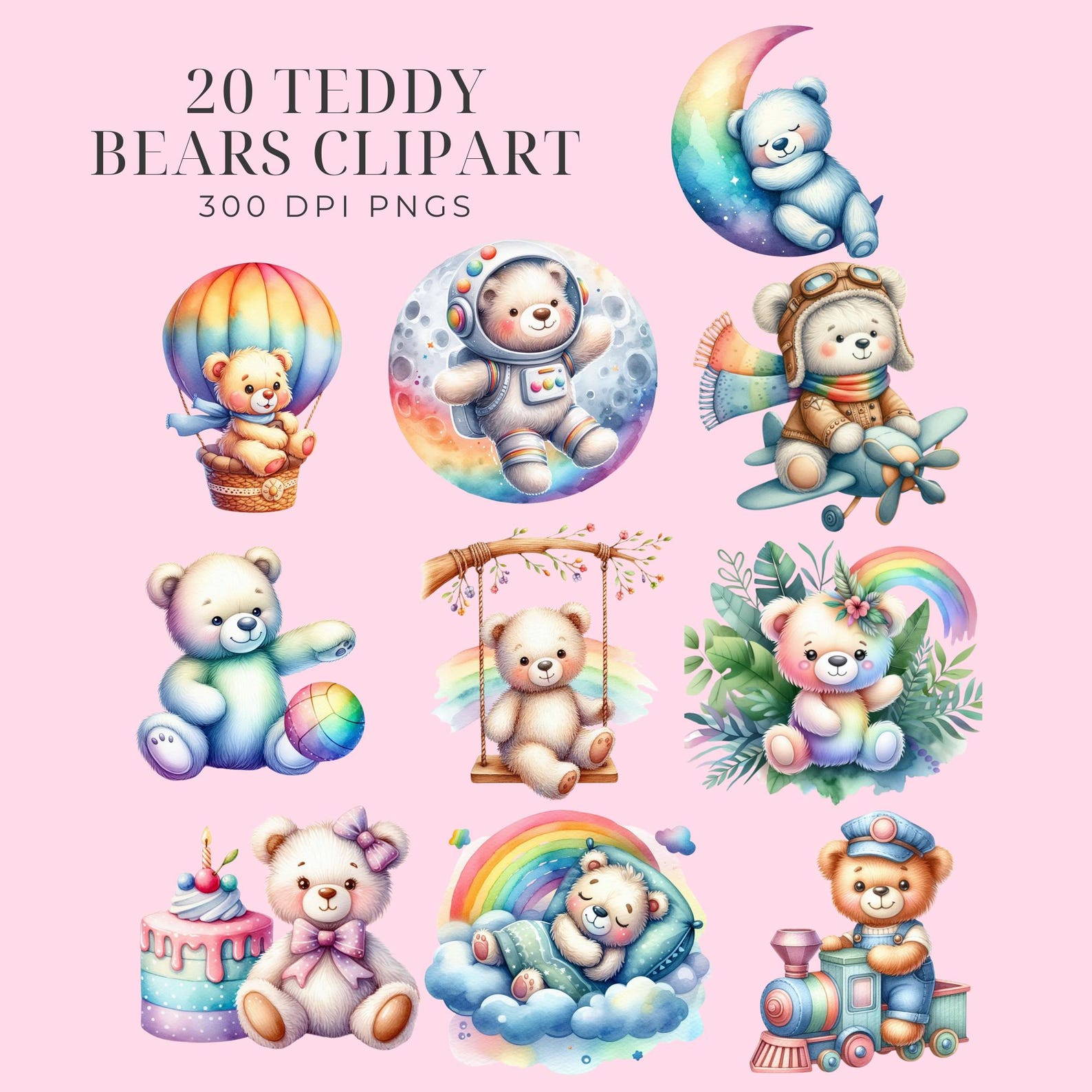 Watercolor Rainbow Teddy Bear Clipart, Cute Teddy Bears Birthday Boho ...