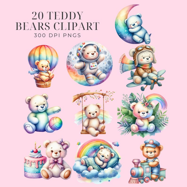 Watercolor Rainbow Teddy Bear Clipart: Boho Nursery Art (commercial Use ...