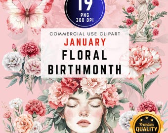 Carnation January Birth Flower Bouquet Clipart: Watercolor PNG (digital ...