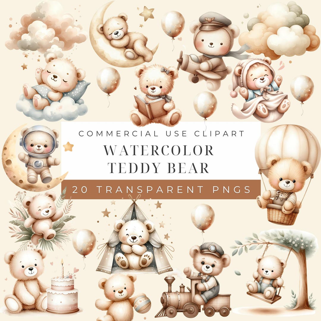 Bear Clipart Watercolor Cute Teddy Bear Birthday Boho Baby Shower Clip ...