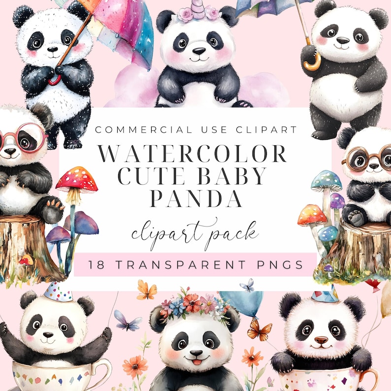 Watercolor Baby Panda Clipart, Cute Printable Watercolor Clipart, 18 ...