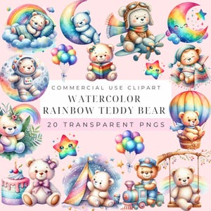 Watercolor Rainbow Teddy Bear Clipart: Boho Nursery Art (commercial Use ...