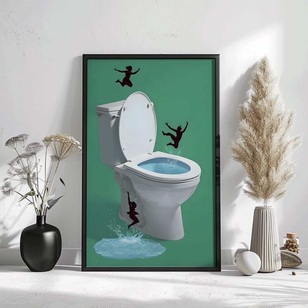Small People Jumping in Toilet Poster , Digital Wall Art , Funny Toilet ...
