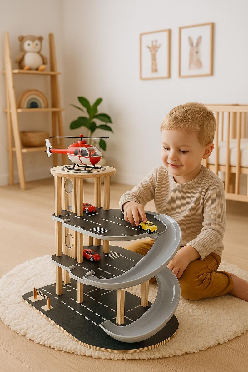 Montessori Car Parking Garage, Wooden Car Toy Garage, Montesori Toy ...