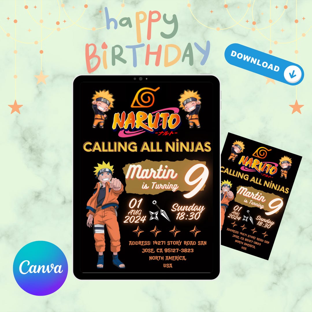 Kids Birthday Invitation, Naruto Birthday Invitation, Kids Party Supply ...