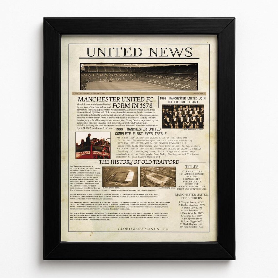 Manchester United Newspaper | Football History Poster Print Gift Wall ...