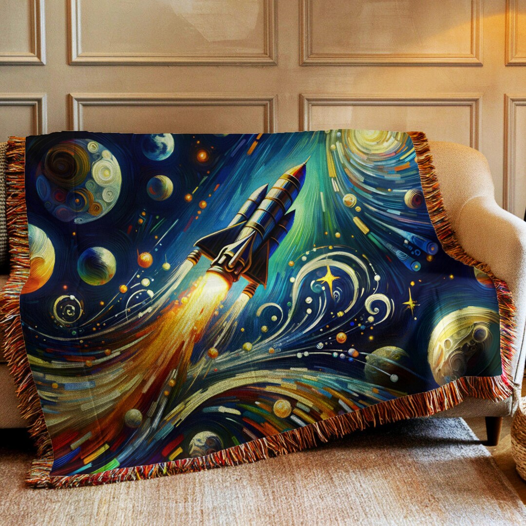 Sci-fi Fantasy Rocket Ship Blasting Through Space Artwork Woven Blanket ...