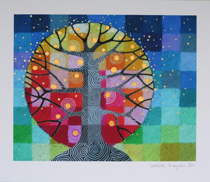 Tree and Stars print with handpainted details | Etsy