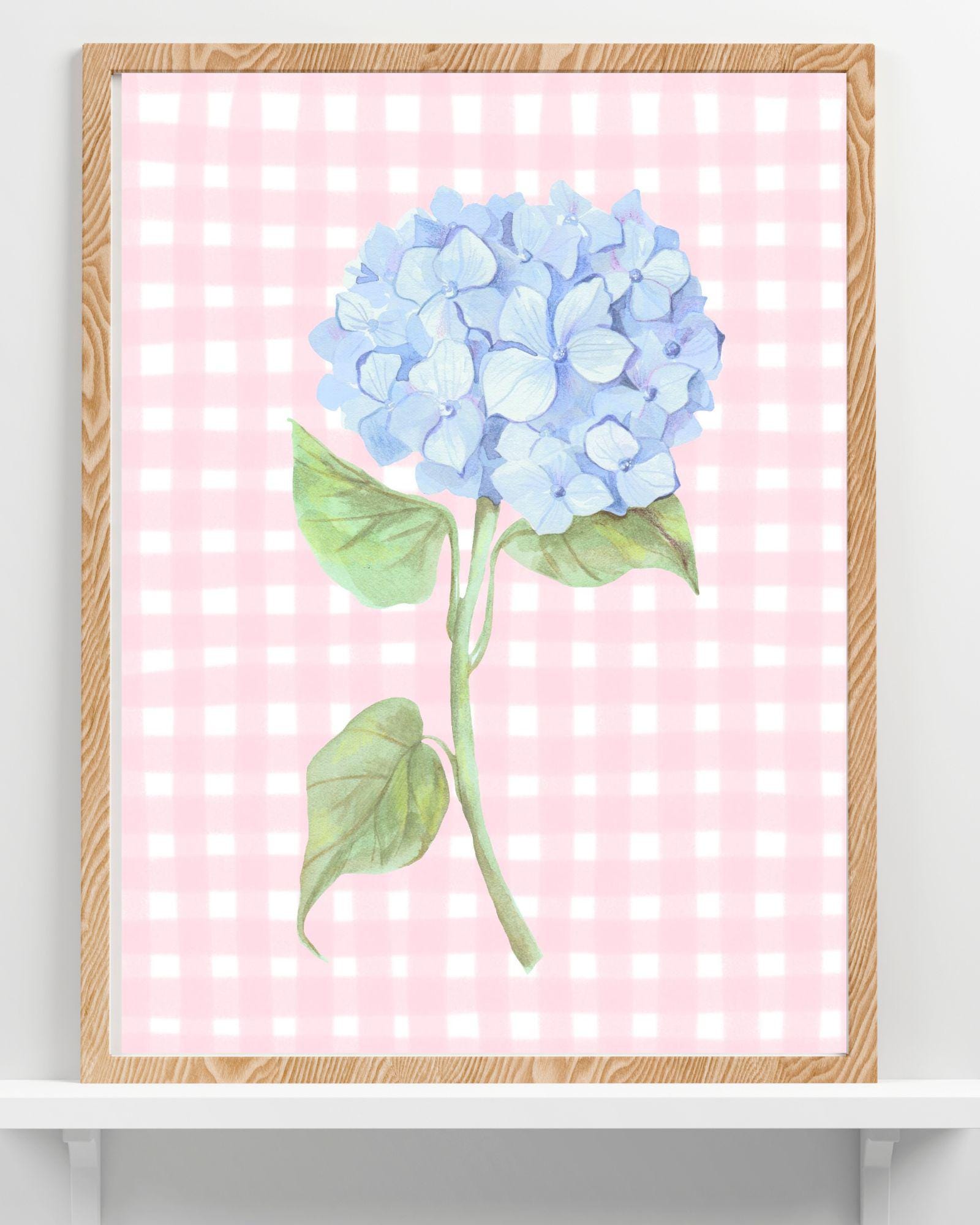 Grandmillennial Hydrangea Wall Art | Pink Gingham Floral Print | Preppy ...