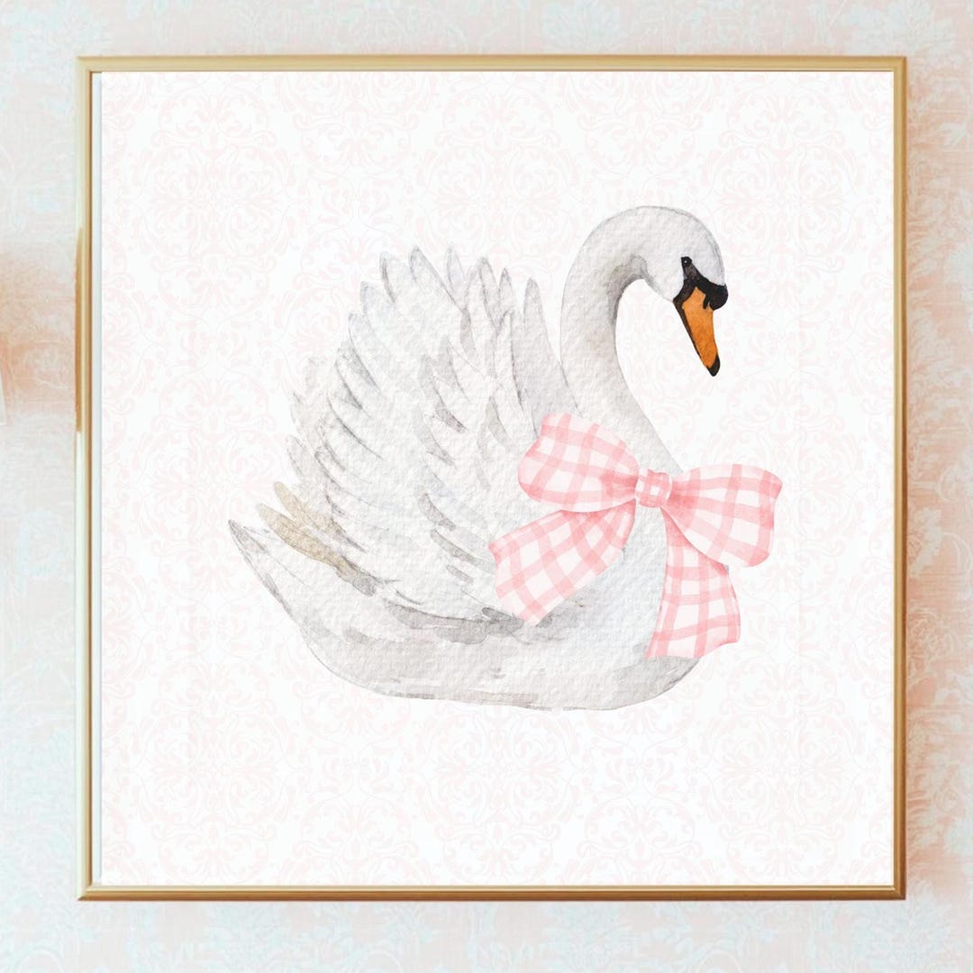 Preppy Swan Wall Art With Pink Bow | Grandmillennial Nursery Print ...