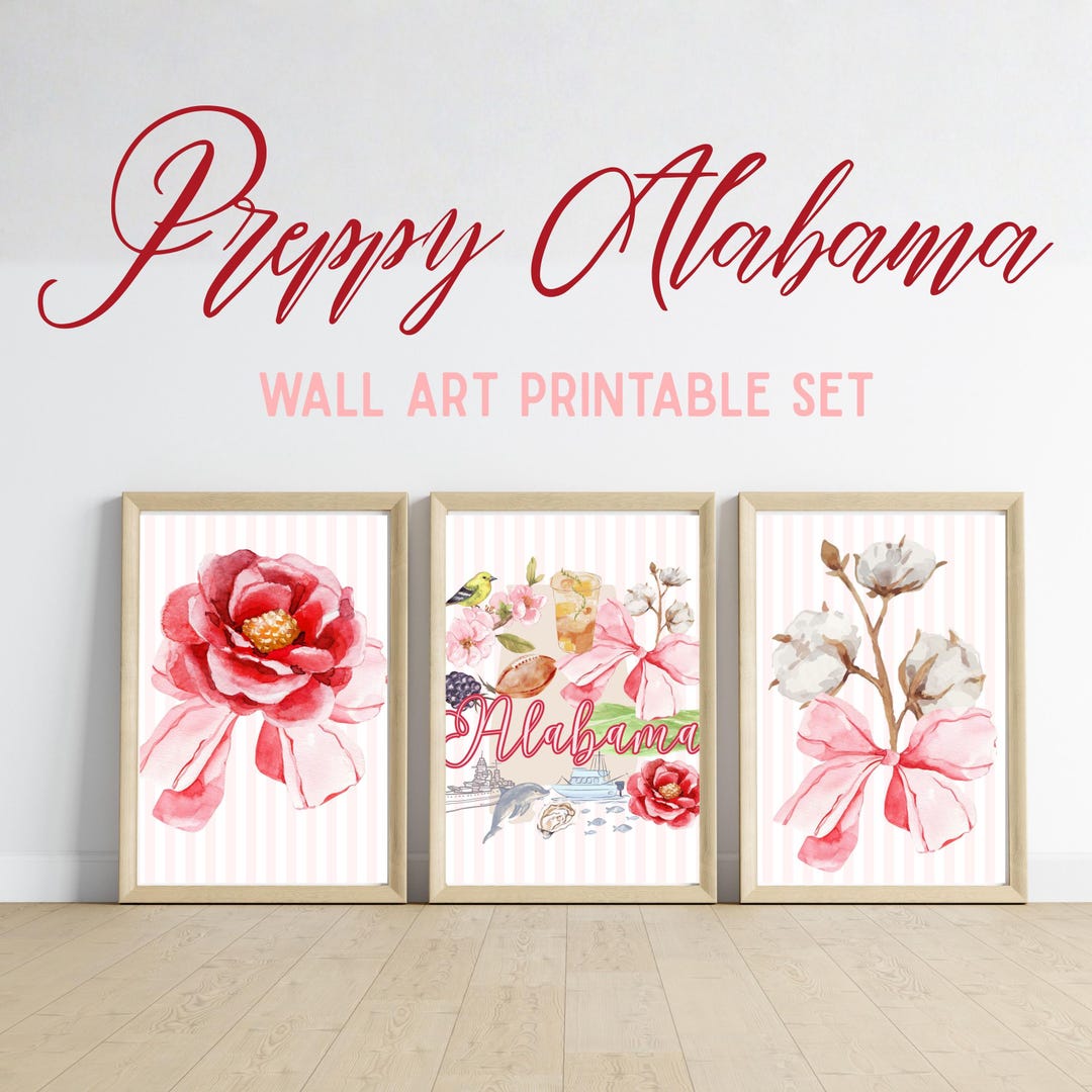 Preppy Alabama Printable Wall Art Set | Southern Dorm Room Decor ...