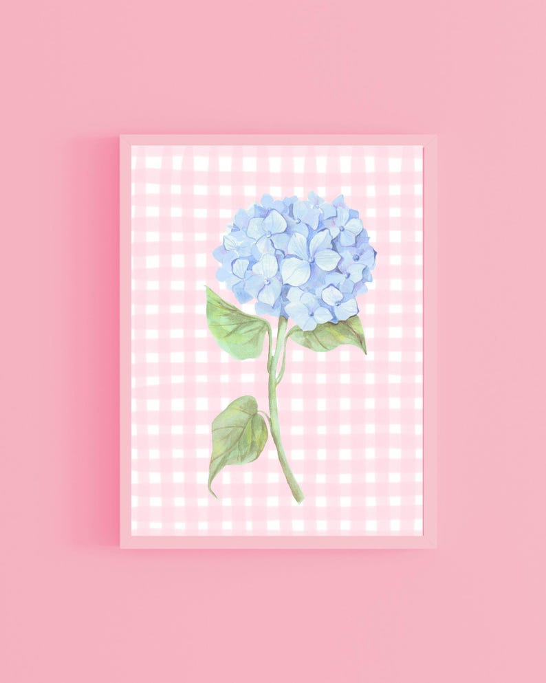 Grandmillennial Hydrangea Wall Art | Pink Gingham Floral Print | Preppy ...