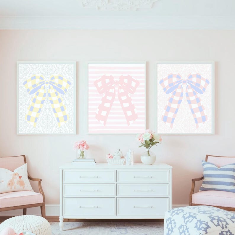 Preppy Wall Art Bundle | Coquette Pink & Blue Printable Set | Girls ...