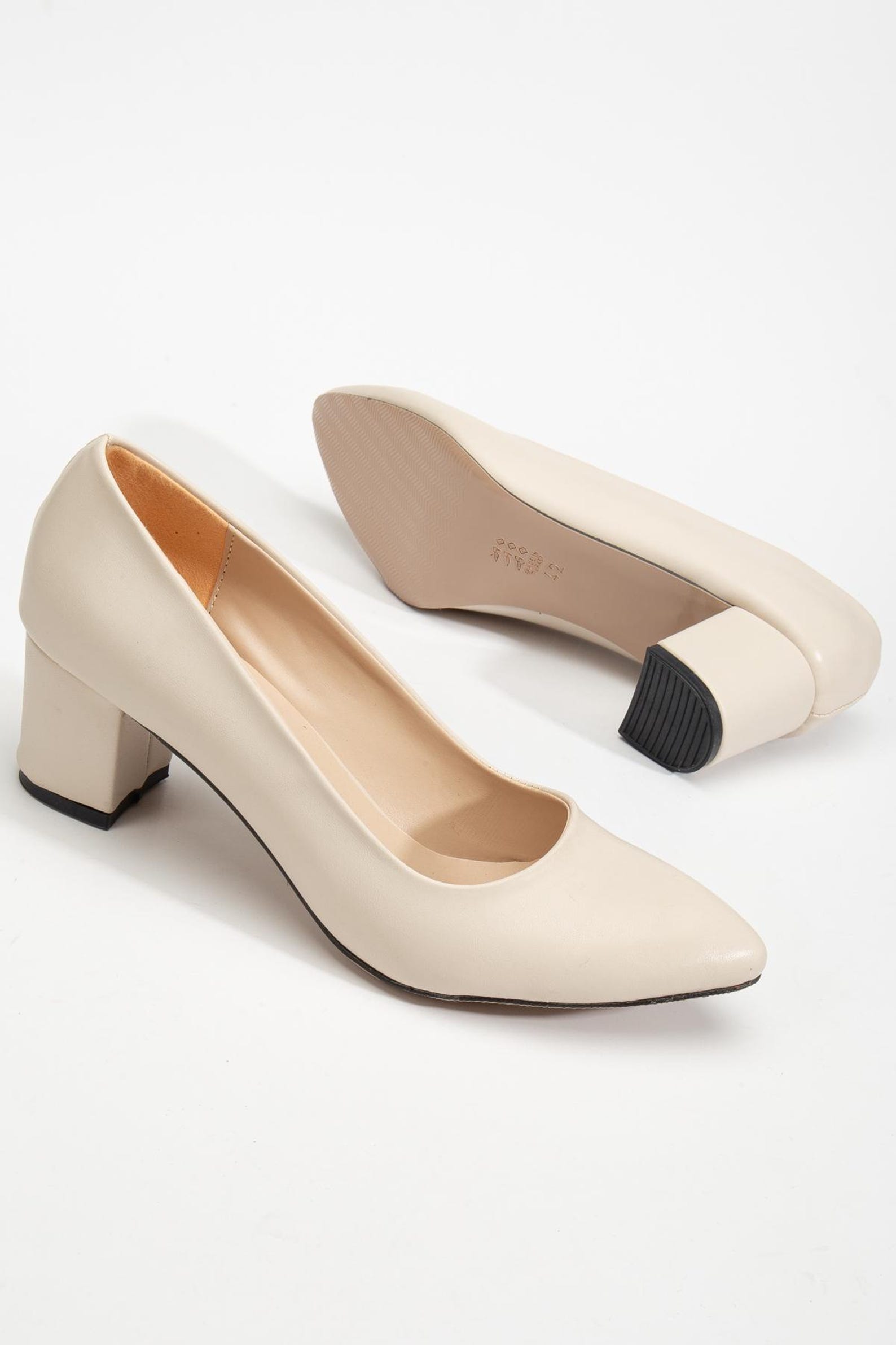 Beige Matte Block-heel Shoes for Women, Comfortable Low Heels, Office ...
