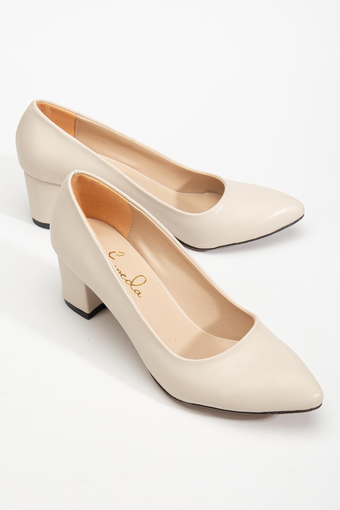 Beige Matte Block-heel Shoes for Women, Comfortable Low Heels, Office ...
