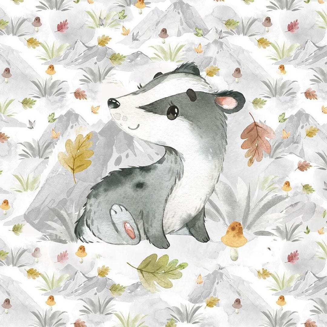 Wildwood Badger Fabric Panel, Forest Woodland Animals Wildlife Kawaii ...