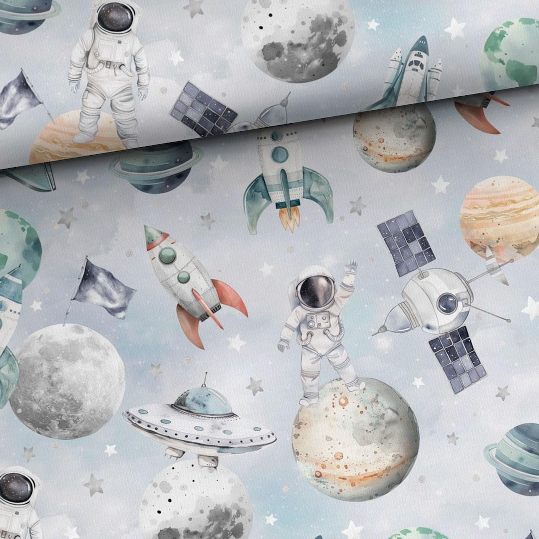 Outer Space Fabric, Sky Astronaut Mars Moon Spaceship Design - Perfect ...