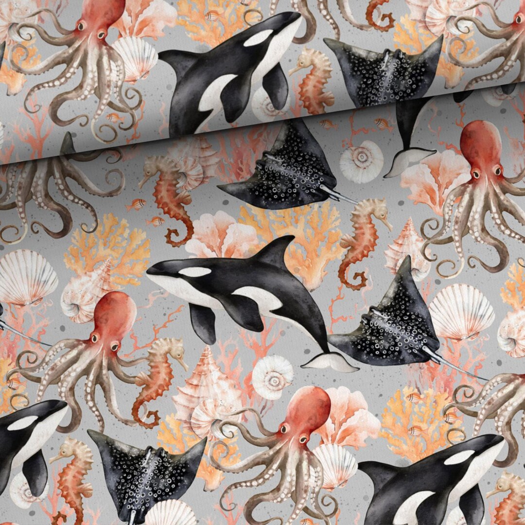 Orca Fabric, Coral Reef Sea Life Ocean Whale Design - 164 Cm (65”) Wide ...