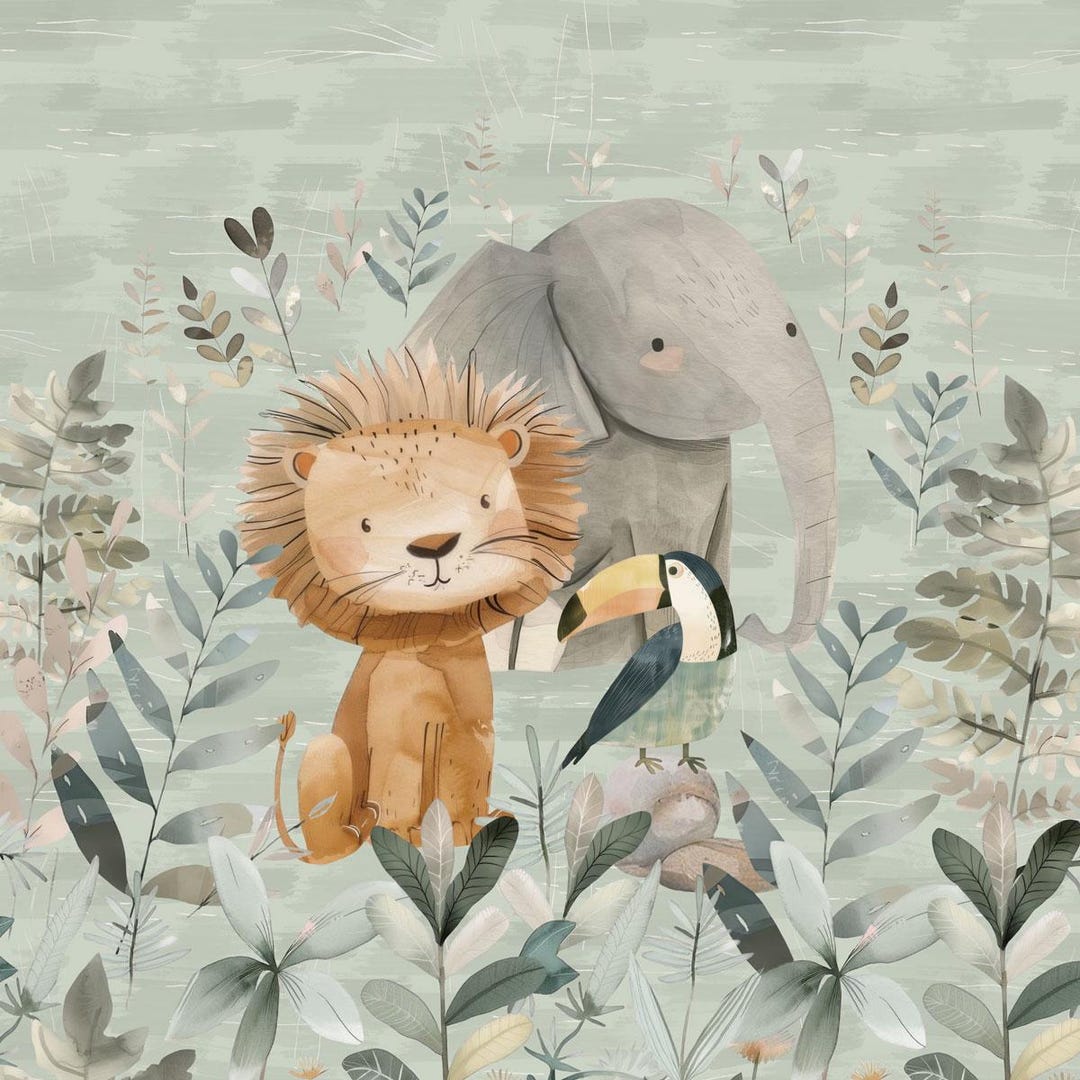 Green Safari Fabric Panel, Savanna Jungle Animal Lion Toucan Elephant ...