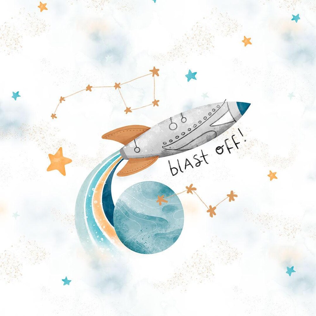 Outer Space Fabric Panel, Astronaut Rocket Ship Galaxy Planets Fabric ...