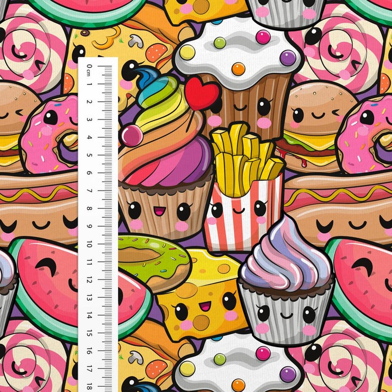 Fast Food Fabric, Fun Colorful Cartoon Candy Sweets Donuts Burgers ...