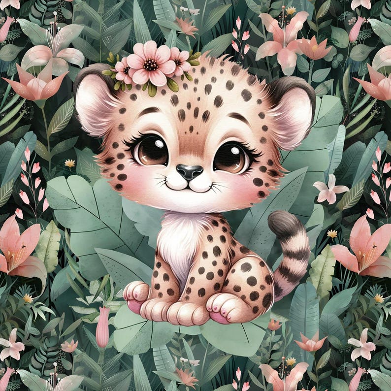 Jungle Cheetah Fabric Panel, Tropical Exotic Cat Animal Floral Fabric ...