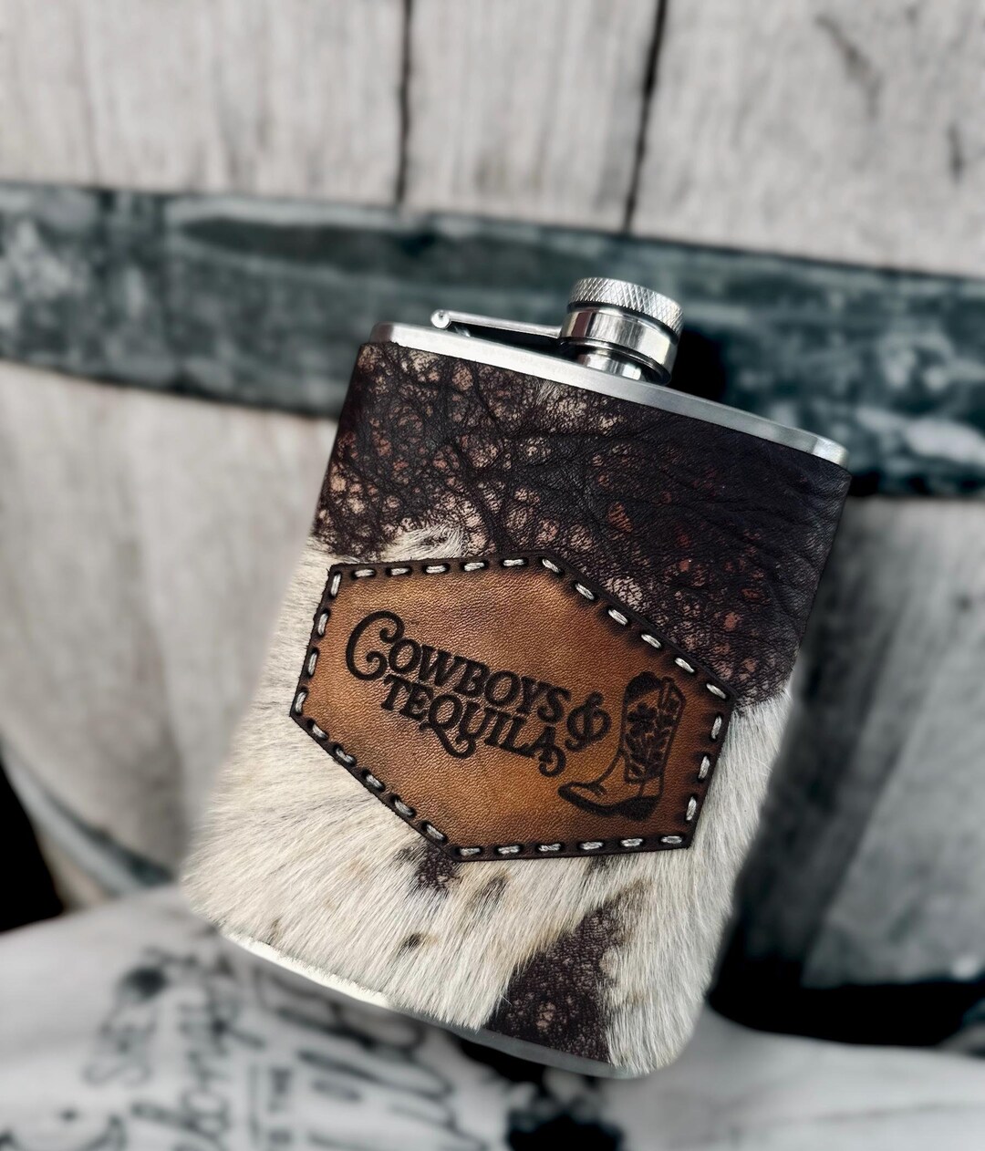 Cowhide & Leather Stainless Steel Flask – Western 8oz Rustic Gift for ...