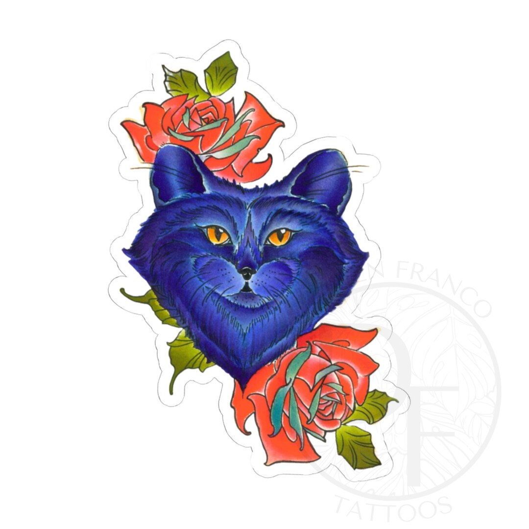 Watercolor Blue Cat Sticker, Tattoo Sticker, Tattoo Art Sticker, Flash ...