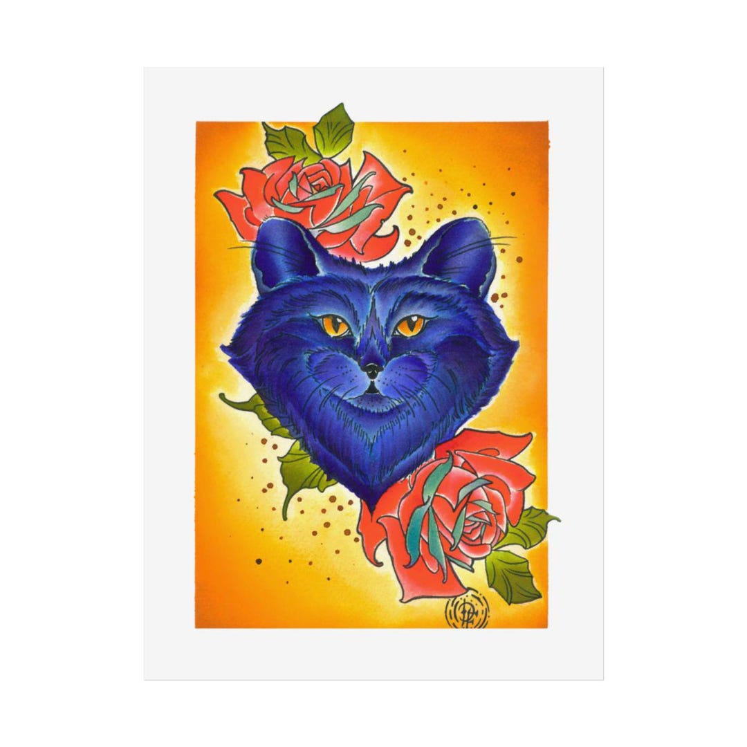 Watercolor Blue Cat Print, Original Watercolor Print, Tattoo Flash Art ...