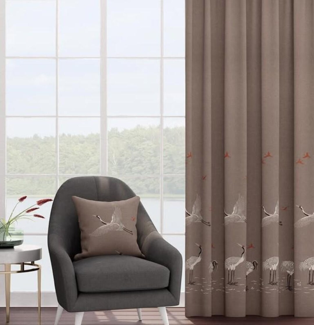 Crane Bird Curtains, Living Room Curtains, Real Linen Curtains, Over 4 Colors, Bedroom Curtains ...