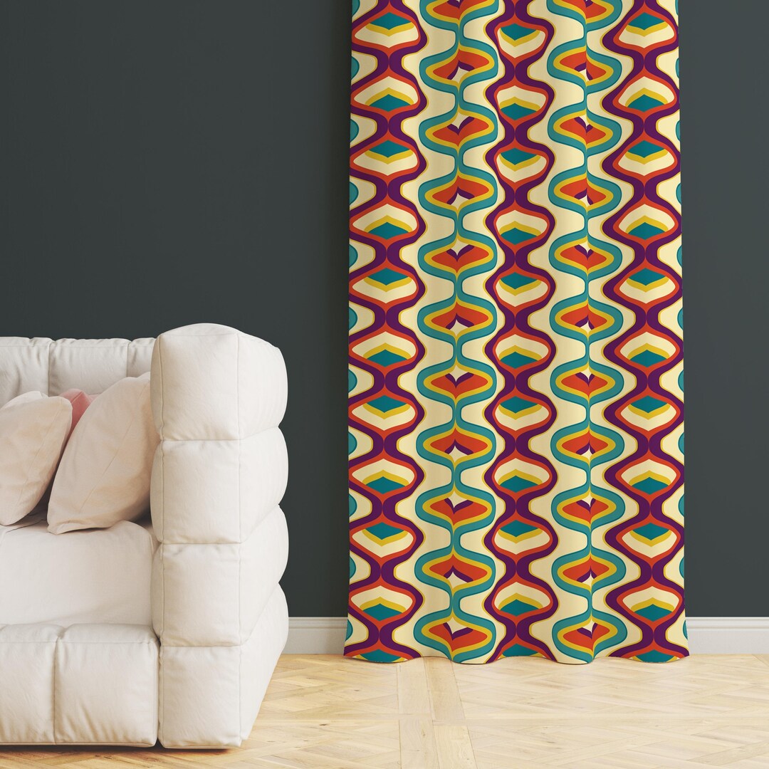 Groovy Retro Curtain Panels, Mid-century Modern Wavy Geometric Window ...