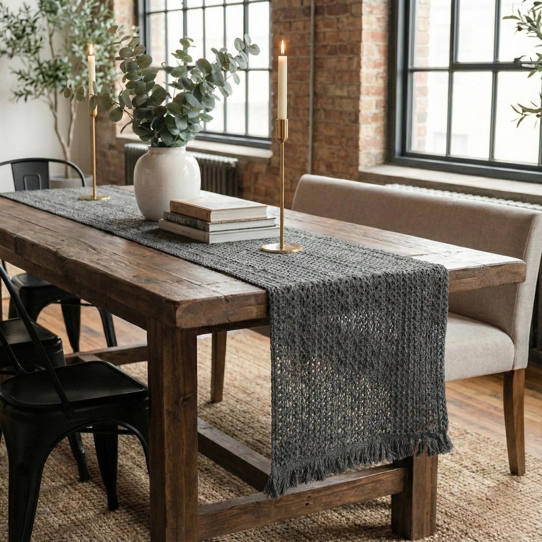 Organic Cotton Table Runner, Woven Lace Texture, Anthracite Grey, Beige ...