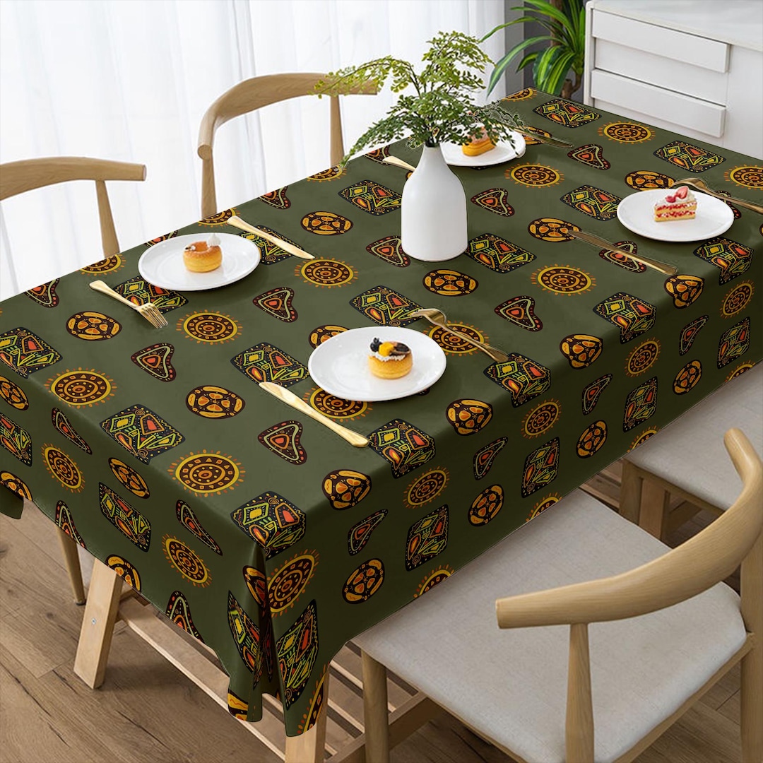 African Tribal Dining Table Linen, Olive Green Ethnic Design Tablecloth ...