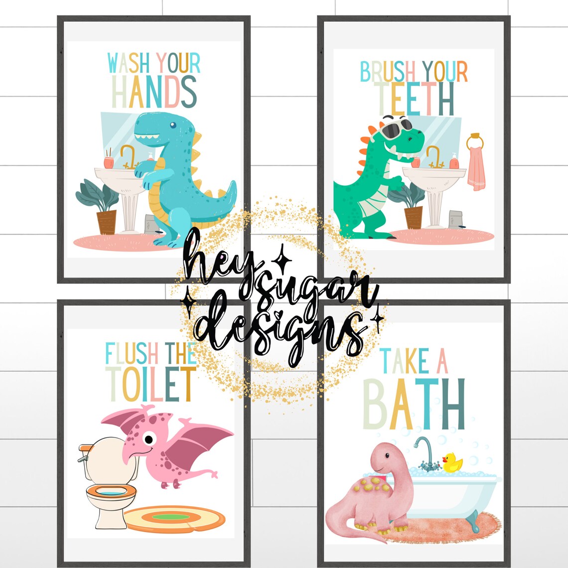 Cartoon Dinosaur Bathroom Wall Art | Brush Your Teeth | Take a Bath ...