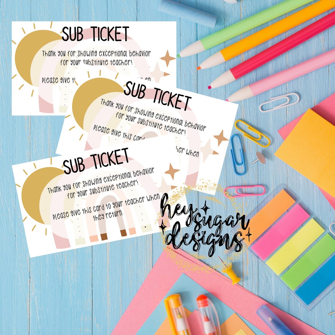 Substitute Teacher Printable Cards for Good Behavior, Rainbow, Sun ...