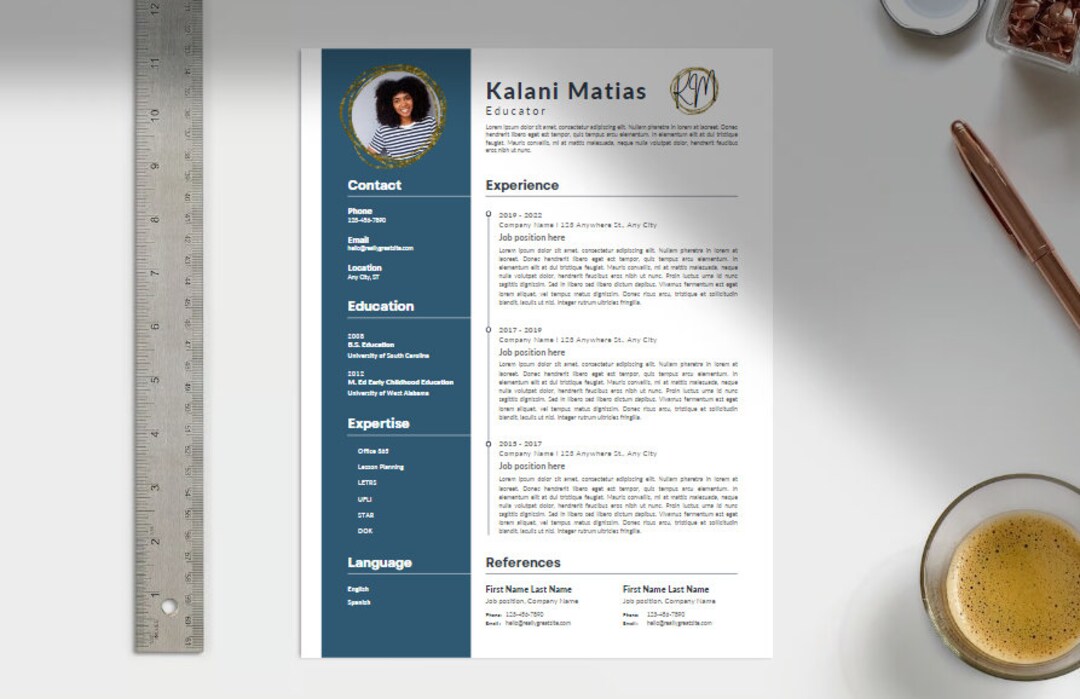 Editable Professional Resume Template Gold Glitter Teal Instant ...