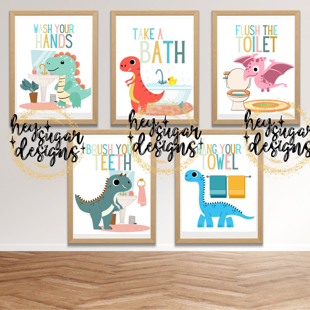 Cartoon Dinosaur Bathroom Wall Art | Brush Your Teeth | Take a Bath ...